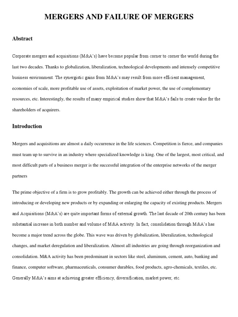 Mergers and Failure of Mergers | PDF | Mergers And Acquisitions ...