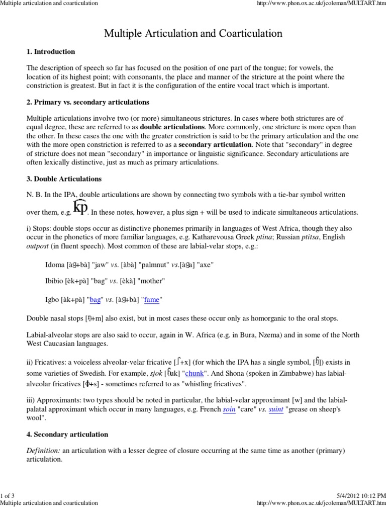 Multiple Articulation and Coarticulation | PDF | Vowel | Phonology