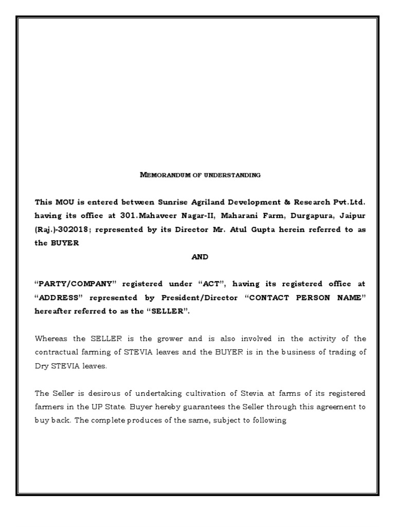 Memorendum of Understanding-STEVIA | PDF | Business | Economies