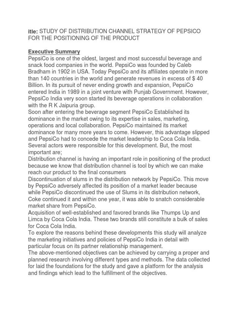 Itle: Study of Distribution Channel Strategy of Pepsico | PDF | Pepsi ...