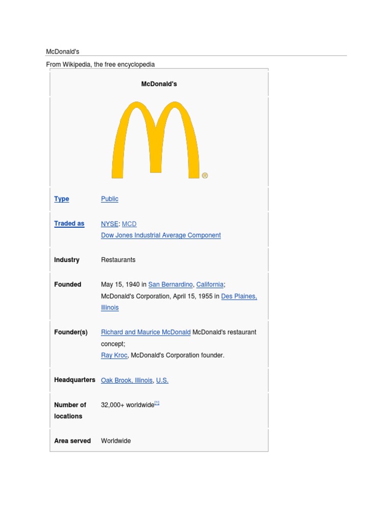 Mcdonald'S From Wikipedia, The Free Encyclopedia | PDF | Mc Donald's ...