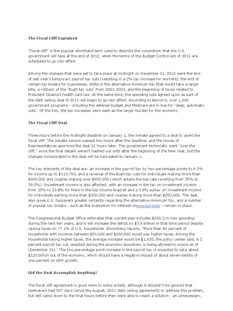The Fiscal Cliff Explained | PDF | United States Fiscal Cliff | Bush ...