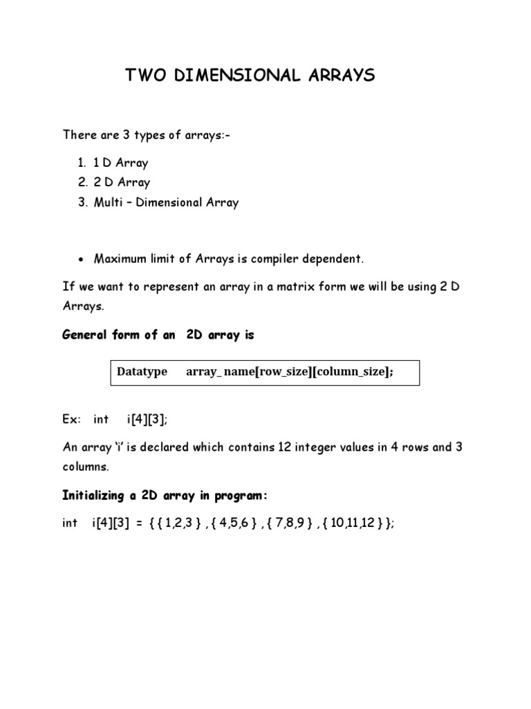 Two Dimensional Arrays General Form Of An 2d Array Is Datatype Array Name Row Size