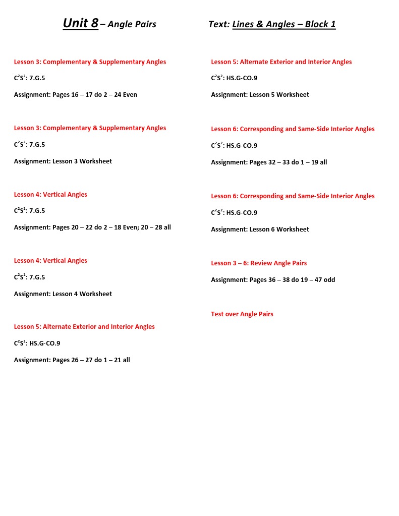 Unit 8 Angle Pairs Assignments | PDF | Teaching Methods & Materials