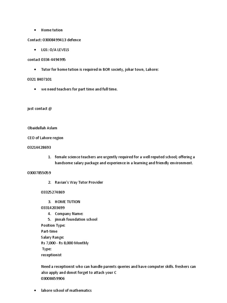 Home Tution | PDF | Tutor | Teachers