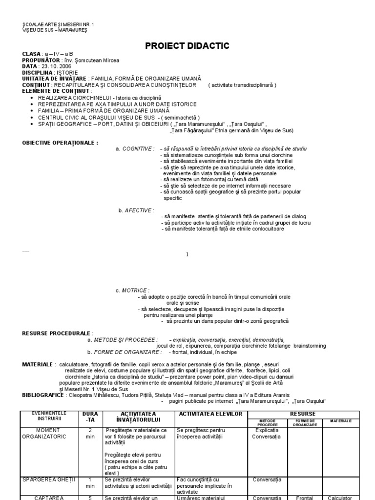 Proiect Didactic Istorie Clasa A IV A | PDF
