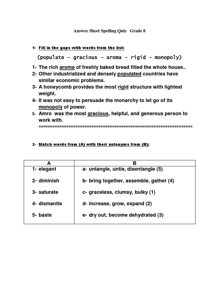 Answer Sheet Spelling Quiz Grade 8 | PDF