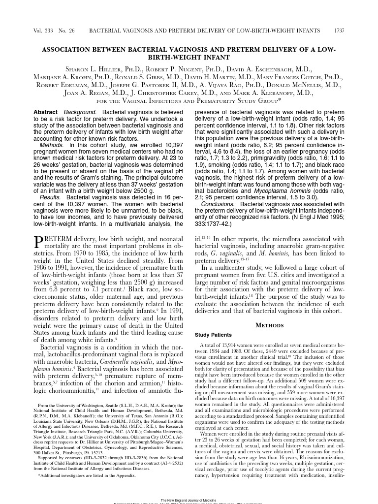 Association Between Bacterial Vaginosis and Preterm Delivery of A Low ...