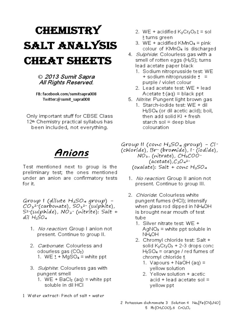 Chemistry Salt Analysis Cheat Sheets | PDF | Salt (Chemistry) | Solubility