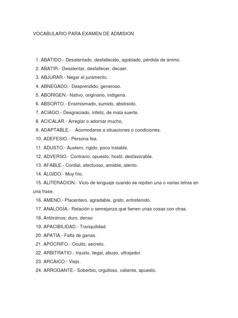 Vocabulario Para Examen de Admision