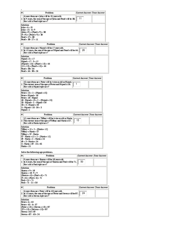 Solving Age Problems: A Collection of Age Word Problems and Their ...