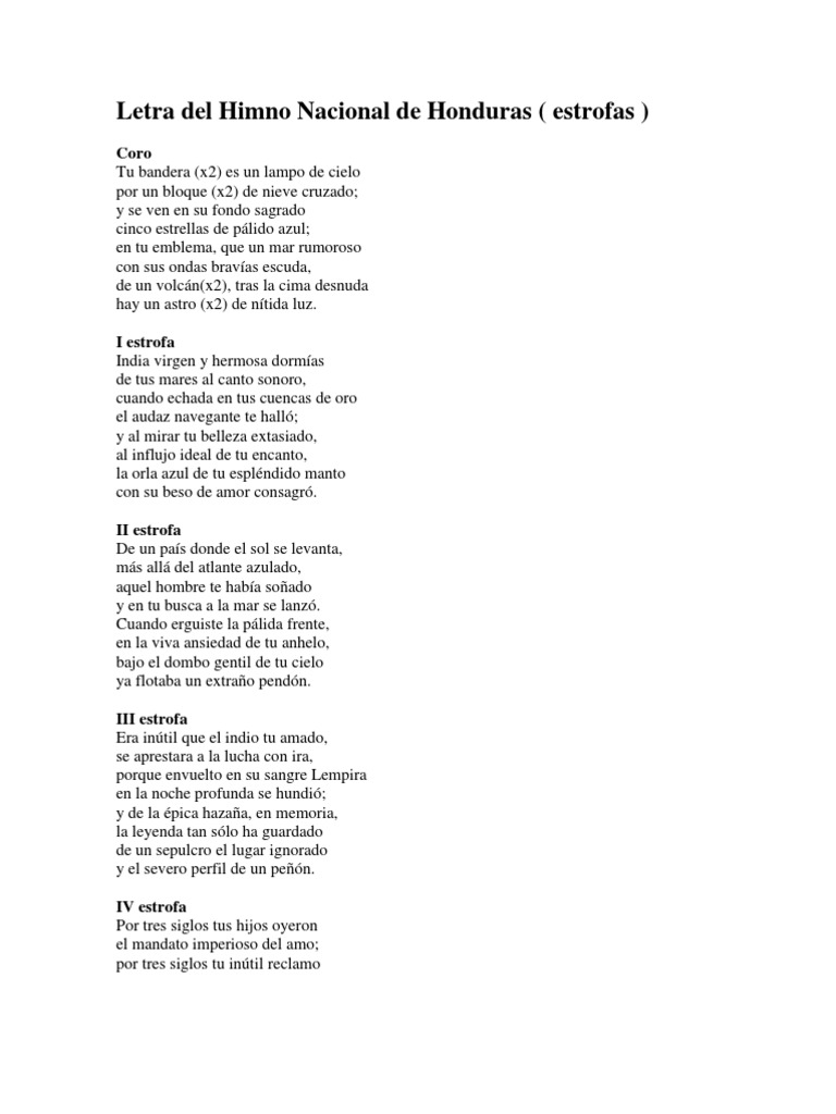 Letra Del Himno Nacional de Honduras (Estrofas) | PDF