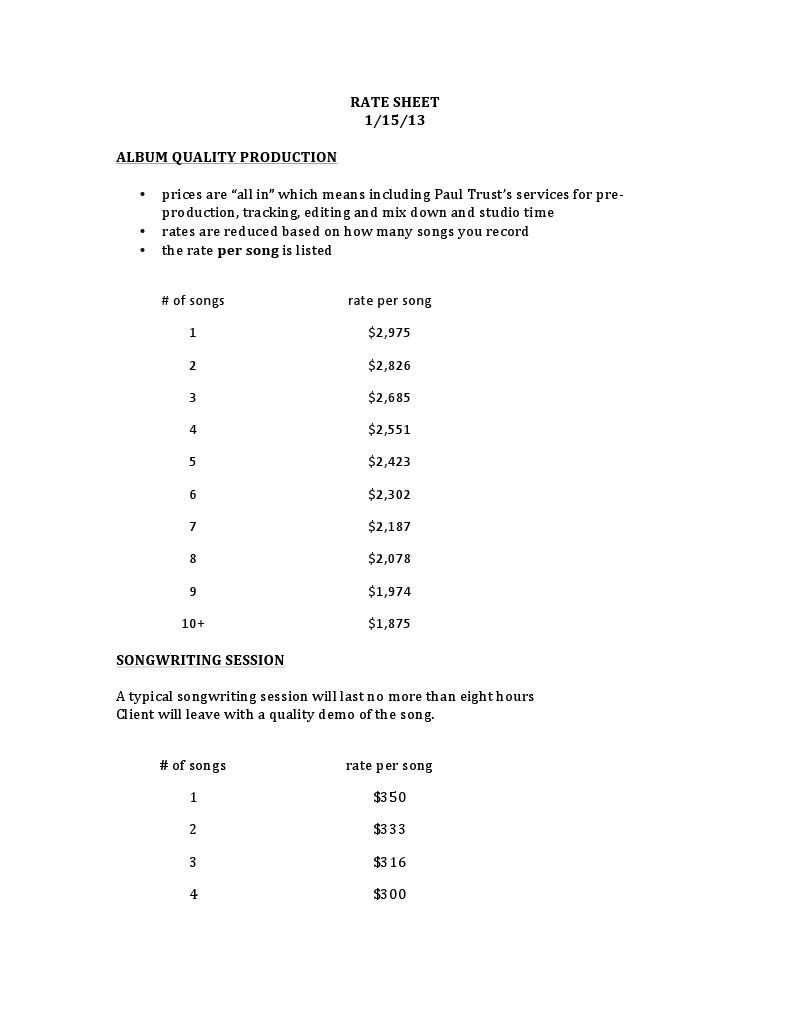 Album Production Rate Sheet | PDF | Home & Garden