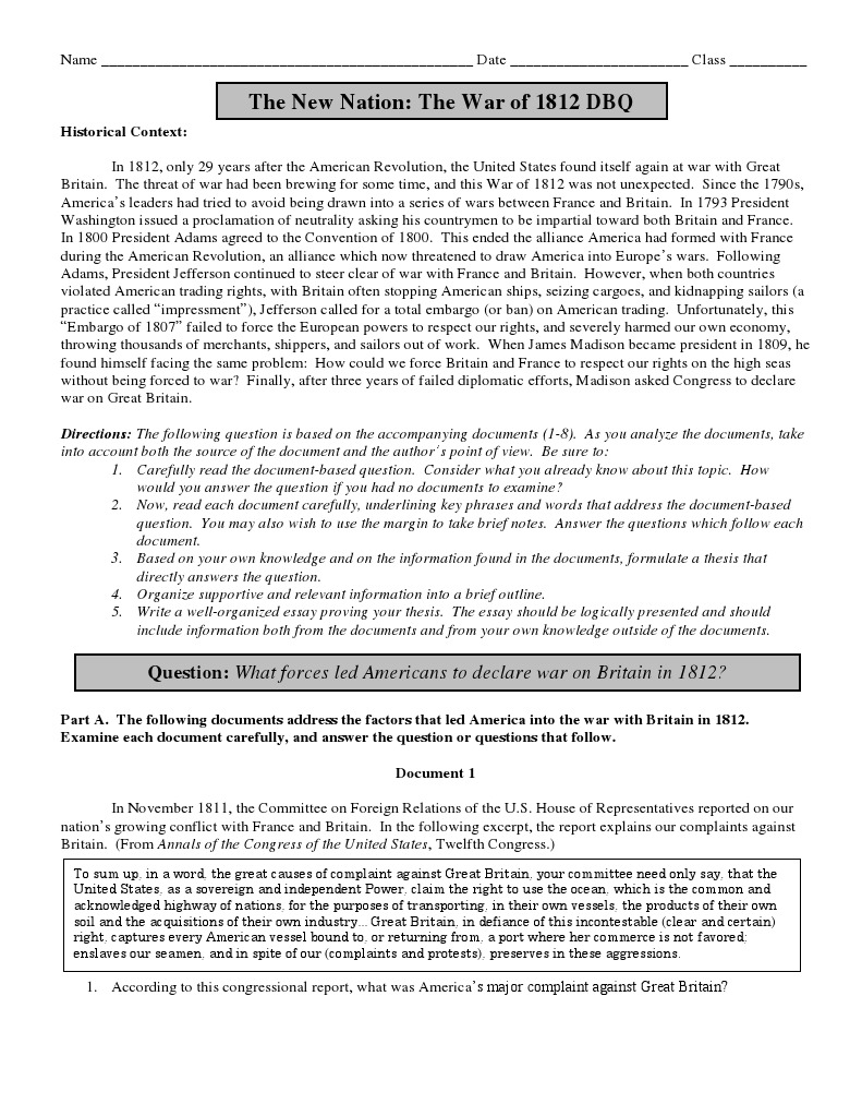 The War of 1812 DBQ 2011 | PDF | James Madison | War Of 1812