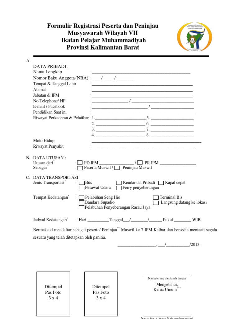 Formulir Registrasi Peserta Dan Peninjau Muswil 7 IPM Kalbar | PDF