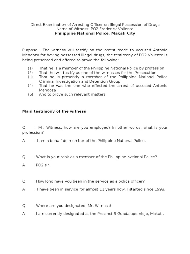 Direct Examination of Arresting Officer | PDF | Witness | Testimony