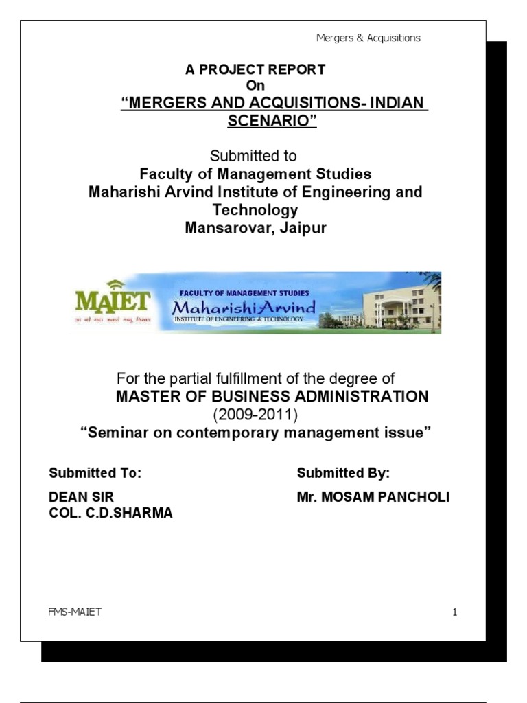 Project On Merger and Acquisition | PDF | Mergers And Acquisitions ...