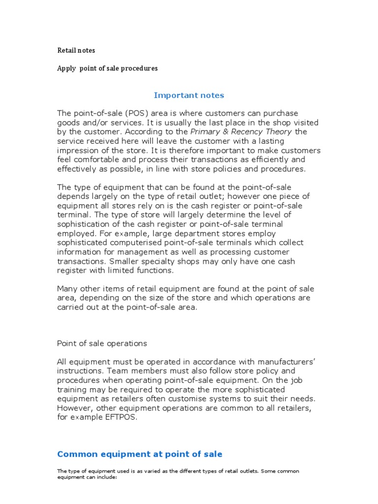Apply Point of Sale Procedures | PDF | Point Of Sale | Retail