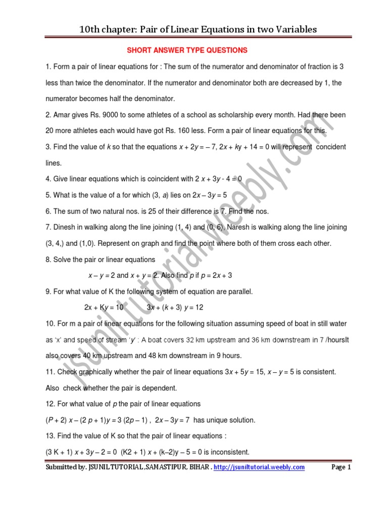10th Linear Equations In Two Variables Mcq 2 PDF System Of Linear