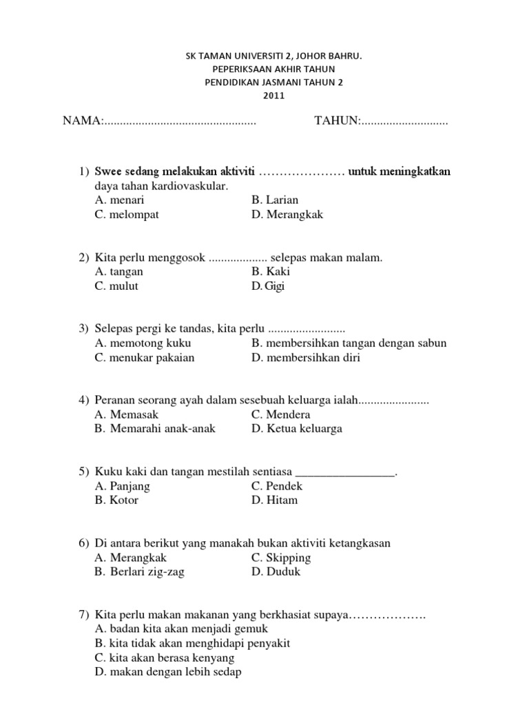 Soalan PJK Tahun 2 SKTU2 | PDF