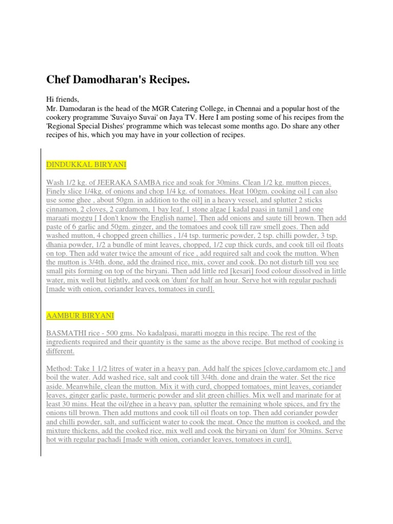 Chef Damodharan RECIPES | PDF | Curry | Food And Drink Preparation