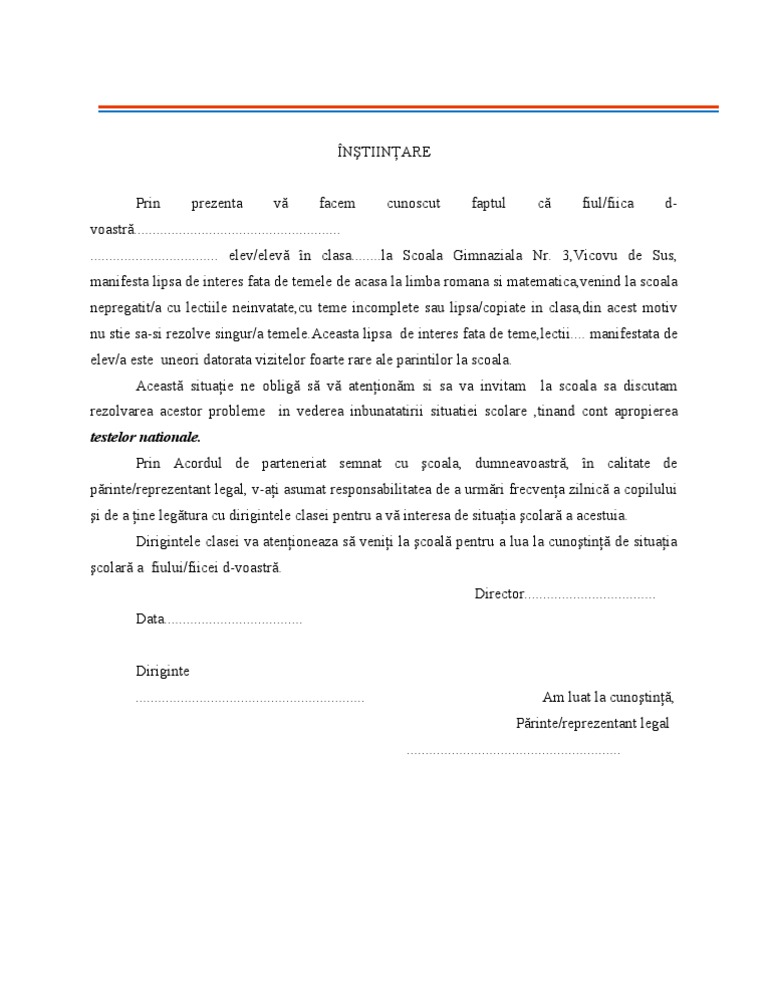 Model Instiintare Absente | PDF