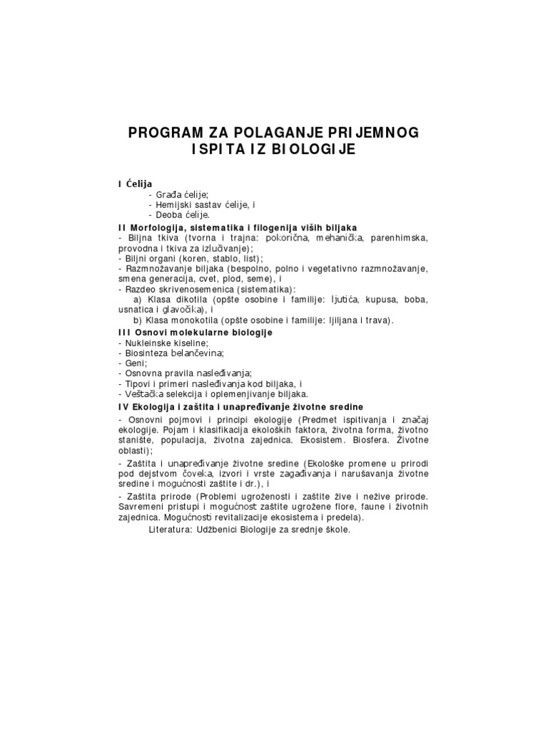 Program I Pitanja Za Prijemni Iz Biologije | PDF