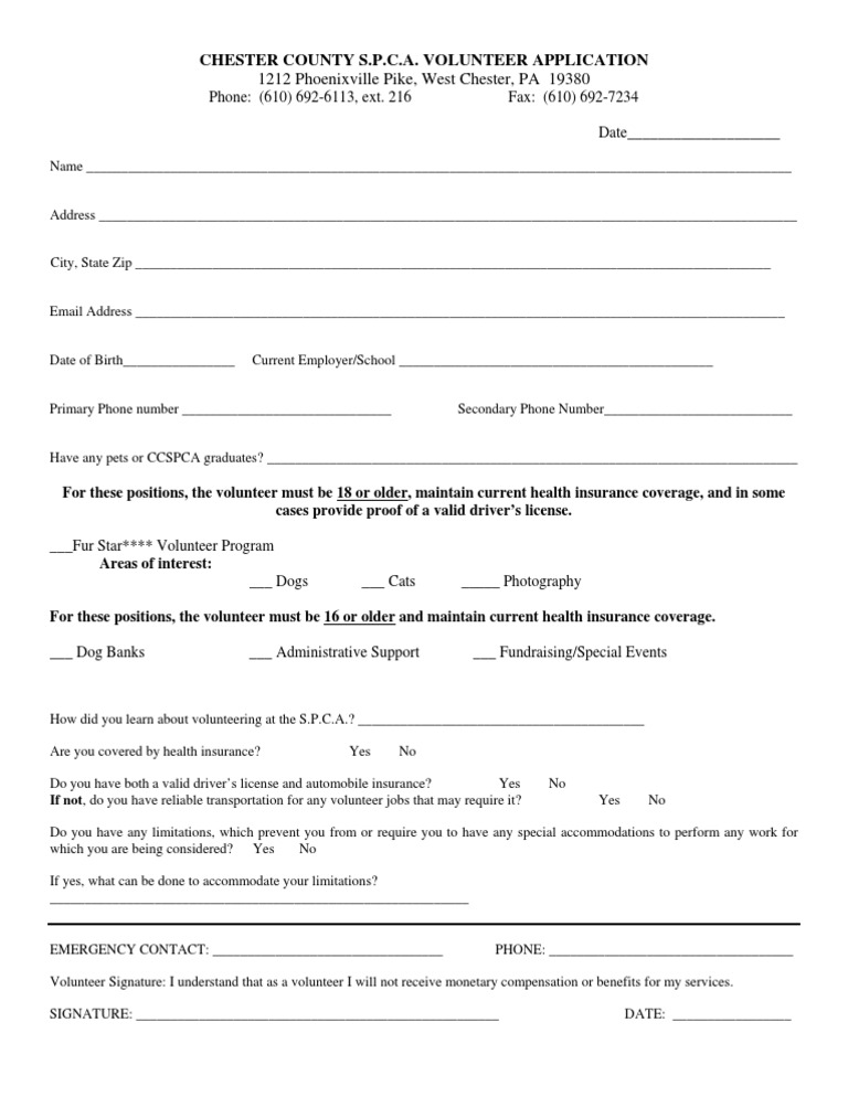 Chester County SPCA Volunteer Form | PDF