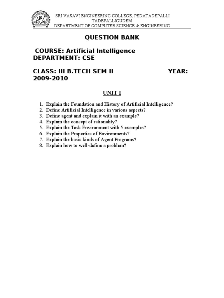 Question Bank COURSE: Artificial Intelligence Department: Cse Class: Iii B.Tech Sem Ii Year ...