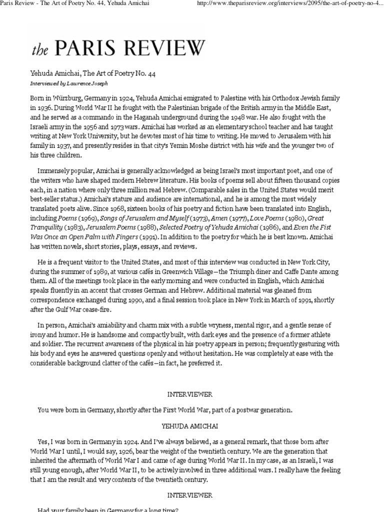 Amichai (1992) Paris Review Interview | PDF | Zionism | Mandatory Palestine