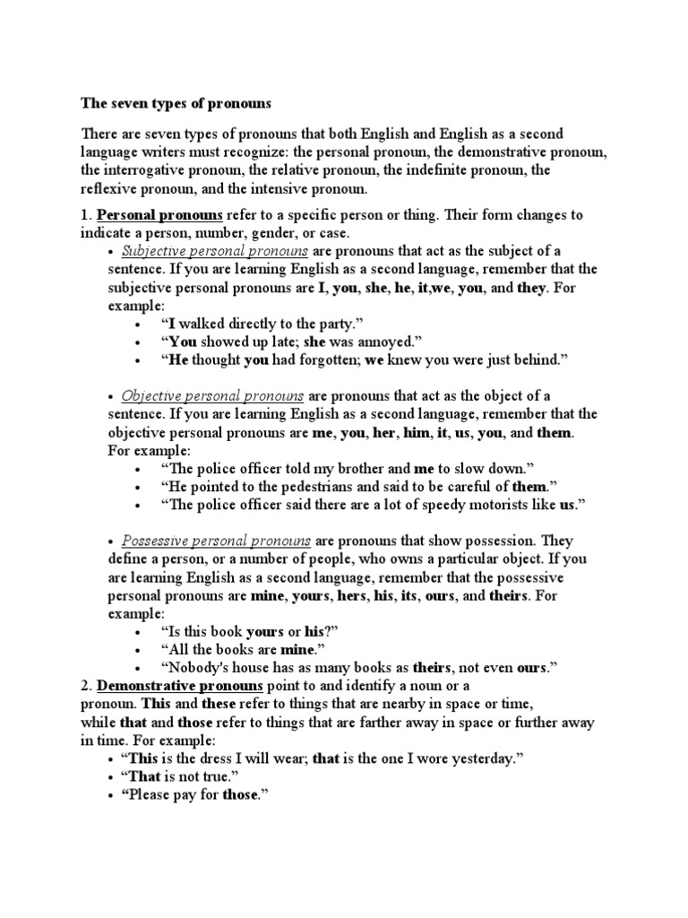 The Seven Types of Pronouns | PDF | Pronoun | Morphology