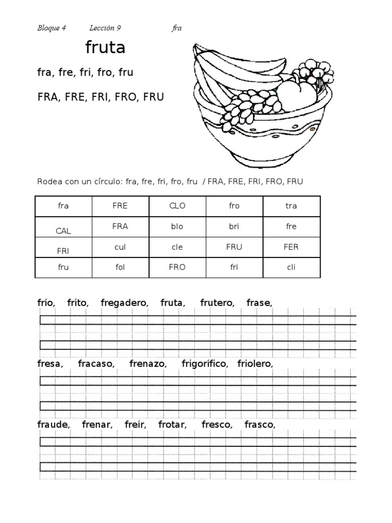Ejercicios de Lectura y Escritura con "Fra, Fre, Fri, Fro, Fru" | PDF ...