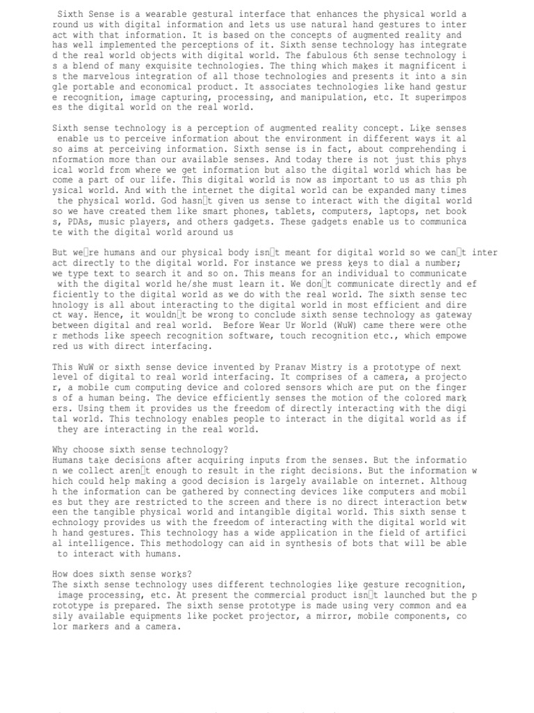 Sixth Sense Technology: A Digital Gateway | PDF | Perception | Internet