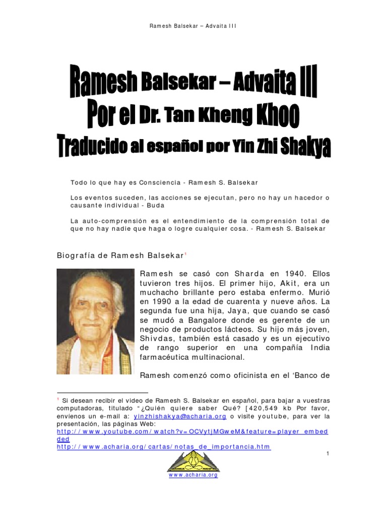Filosofía de Ramesh Balsekar en Advaita | PDF