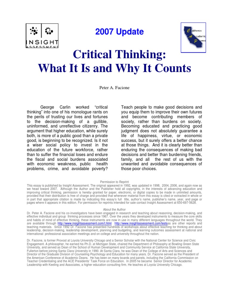 Critical Thinking What It Is and Why It Counts | PDF | Self-Improvement