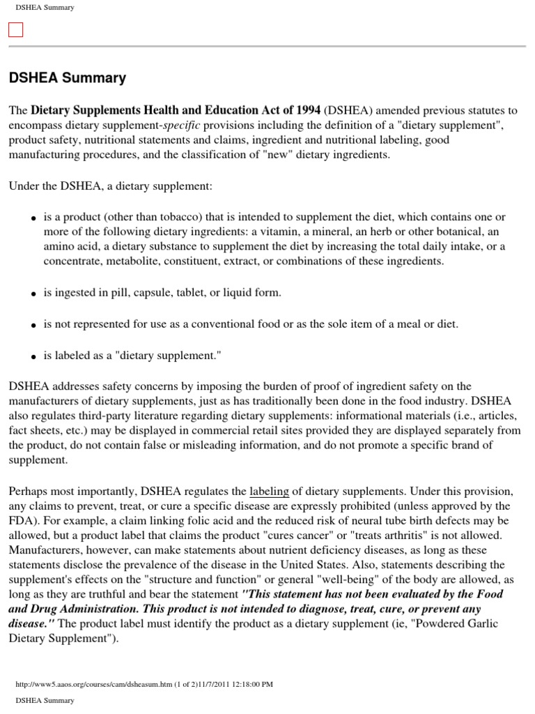 DSHEA | PDF | Dietary Supplements | Food And Drug Administration