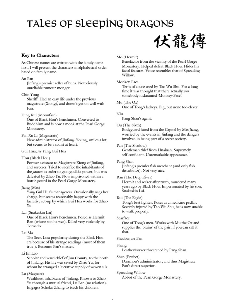Tales of Sleeping Dragons: Key To Characters | PDF | Crime Thriller