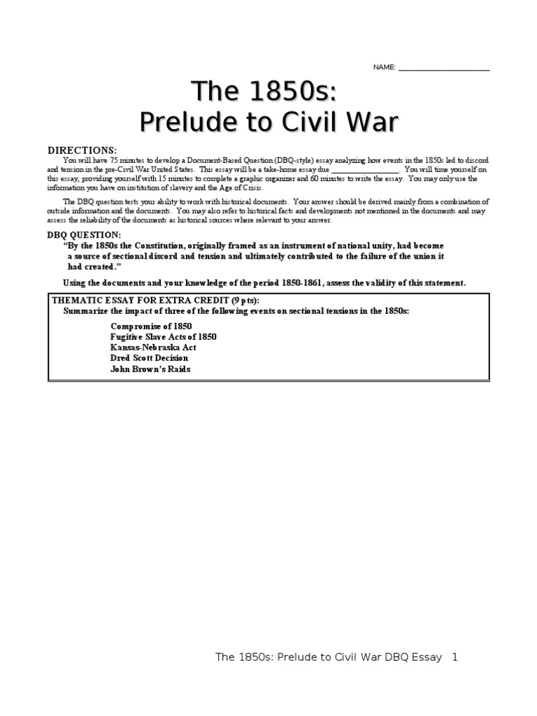 1850s - Prelude To Civil War DBQ Essay | PDF | Confederate States Of ...