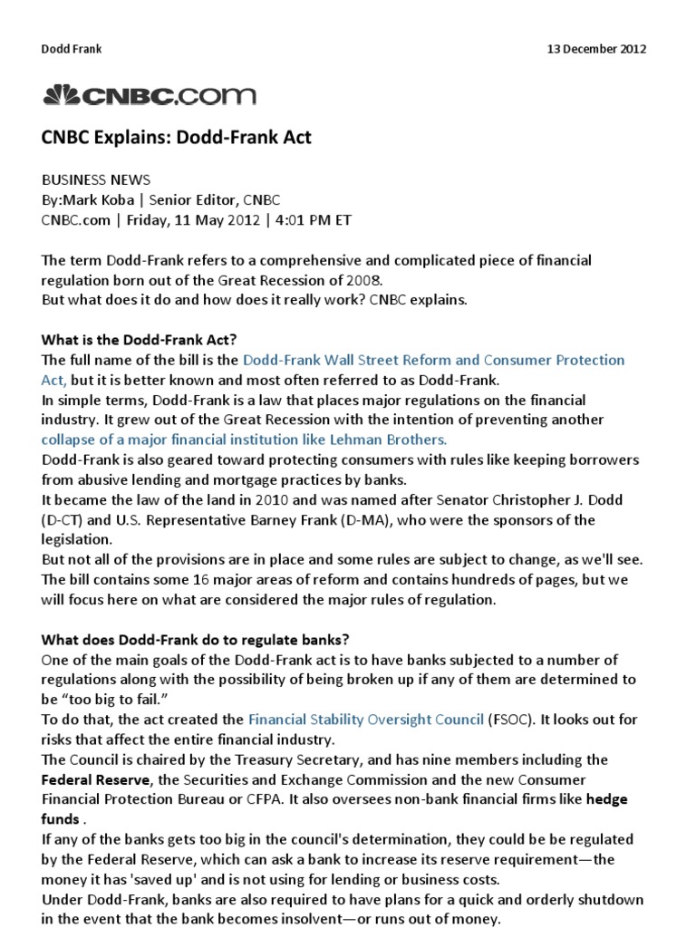 Dodd Frank Explained - CNBC | PDF | Dodd–Frank Wall Street Reform And ...