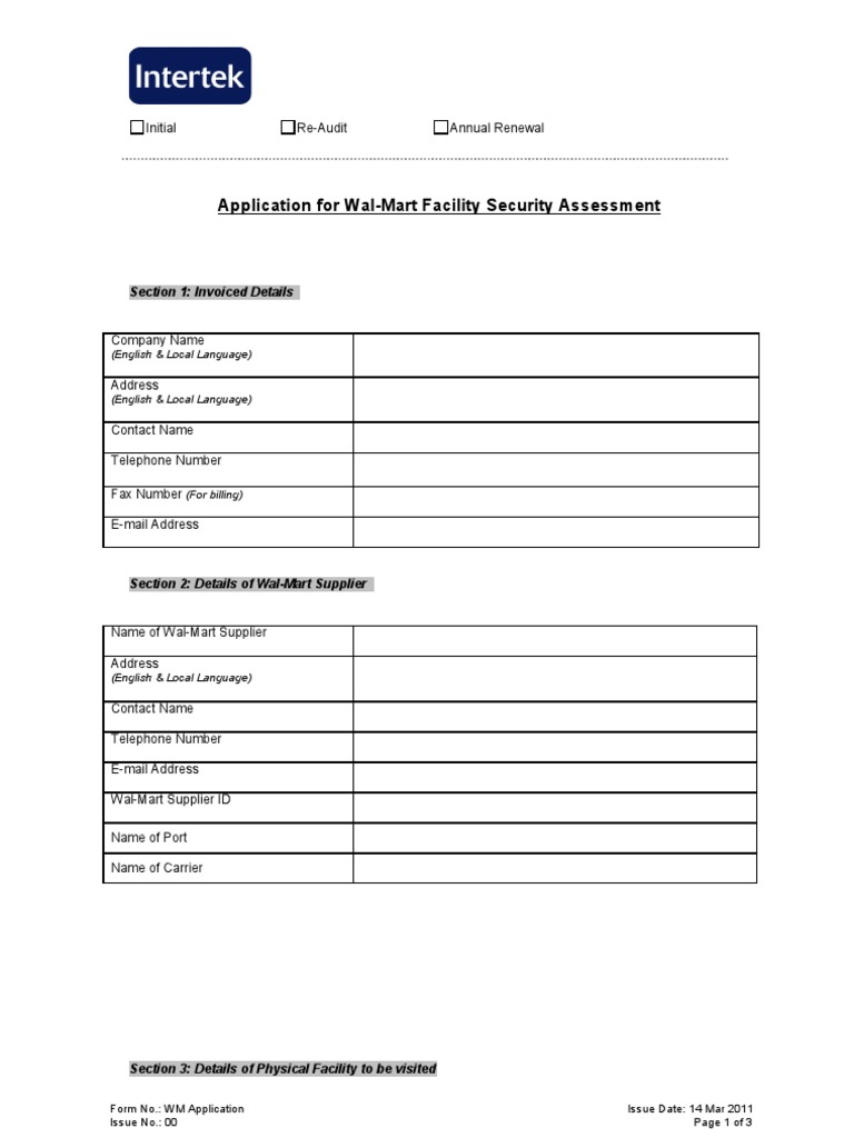 Wal-Mart Facility Security Assessment Application Form (English Only ...