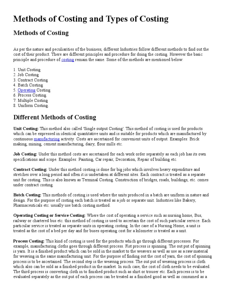 Types and Methods of Costing Explained | PDF | Debits And Credits ...