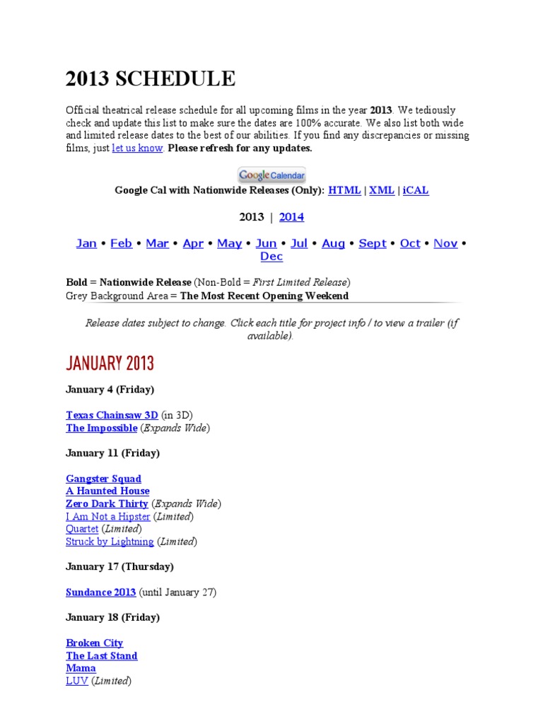 2013 Hollywood Schedule | PDF | 3 D Film | Cinema