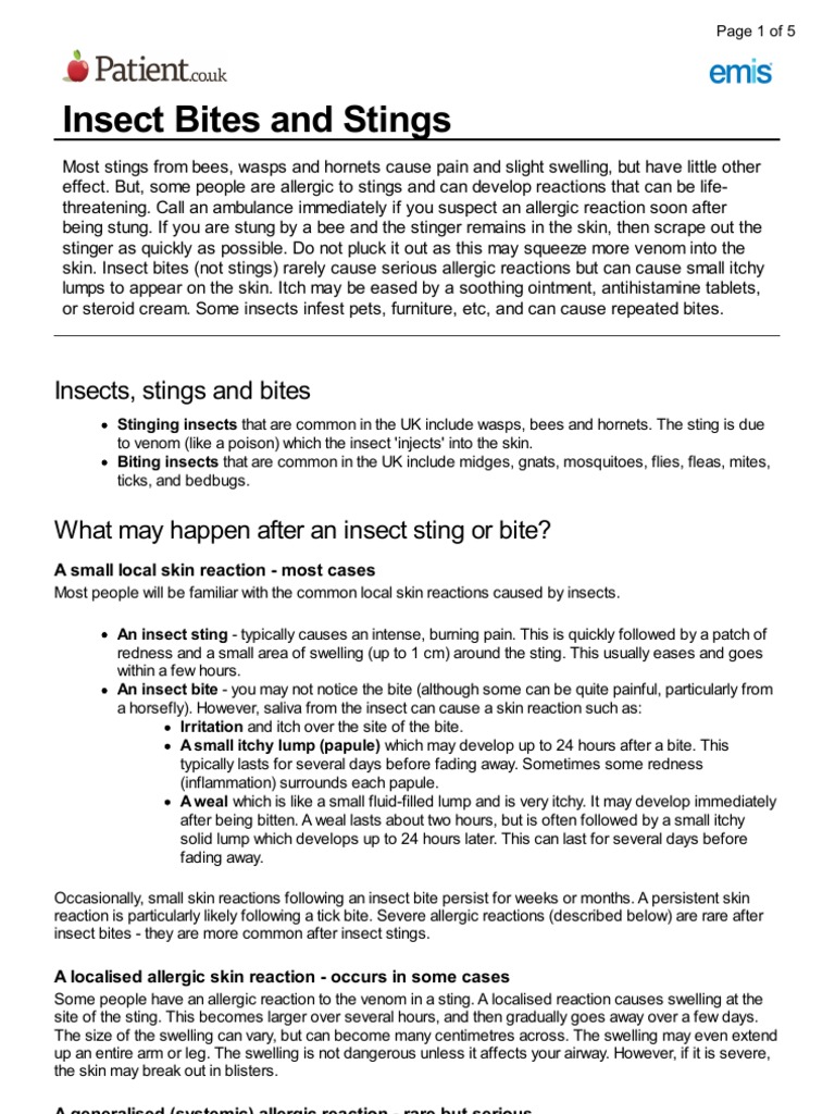 Insects, Stings and Bites | PDF | Allergy | Diseases And Disorders
