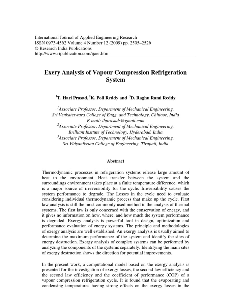Exery Analysis of Vapour Compression Refrigeration System | PDF | Exergy | Refrigeration