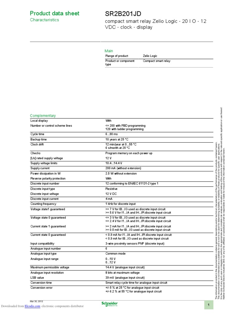 Product Data Sheet for the SR2B201JD Compact Smart Relay ...