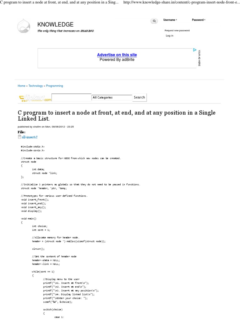 C Program To Insert A Node At Front At End And At Any Position In A Single Linked List