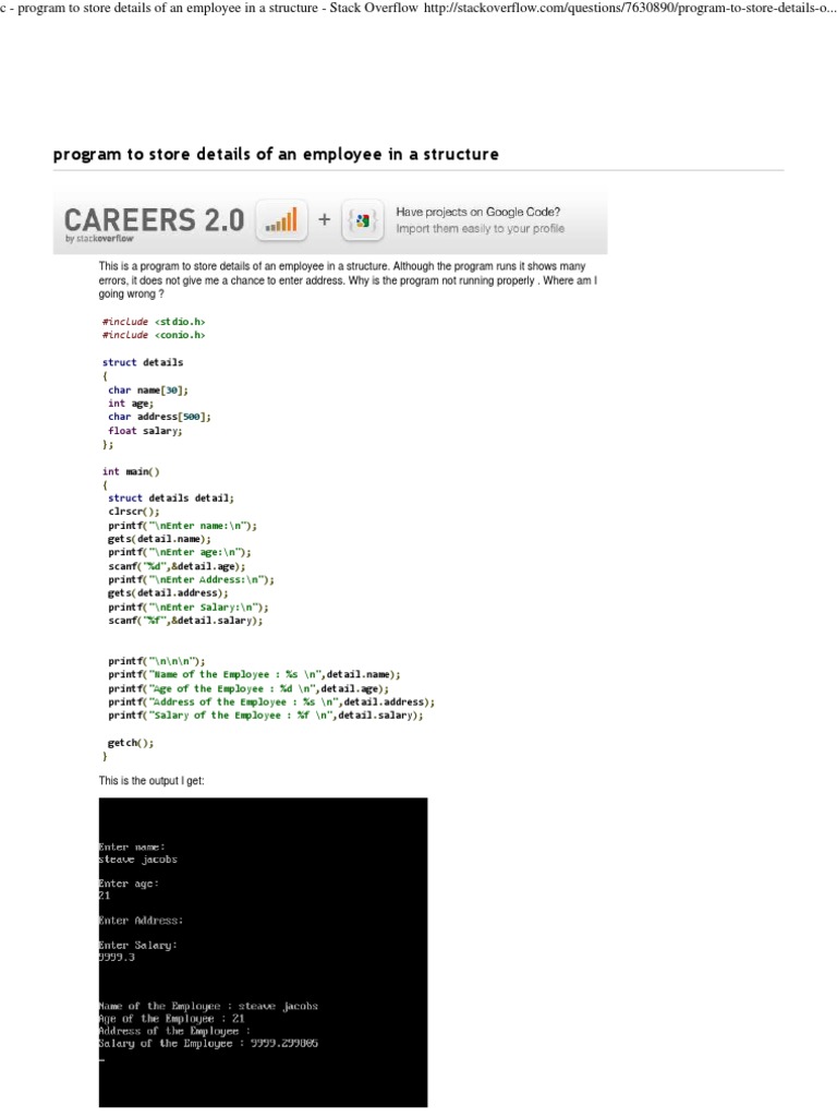 C - Program To Store Details of An Employee in A Structure - Stack Overflow | PDF | Software ...