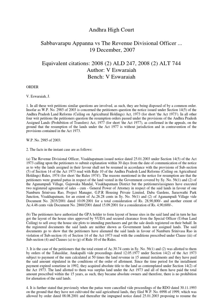 Analysis of land resumption orders under the Andhra Pradesh Assigned ...
