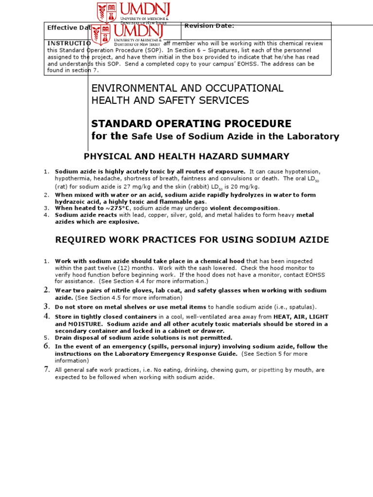 Sodium Azide Sop | PDF | Laboratories | Sodium