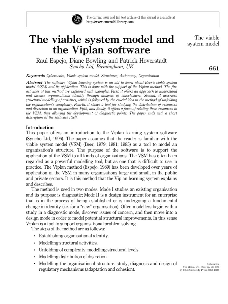 The Viable System Model and The Viplan Software: Raul Espejo, Diane Bowling and Patrick ...